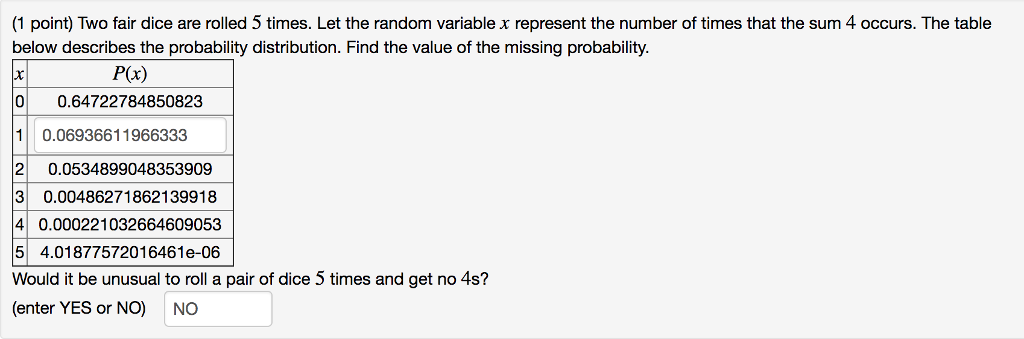 Solved (1 point) Two fair dice are rolled 5 times. Let the | Chegg.com