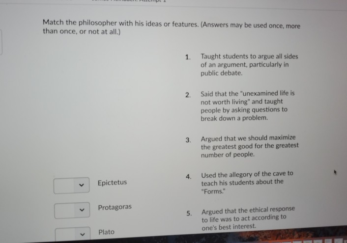 Match the philosopher with his ideas or features. | Chegg.com