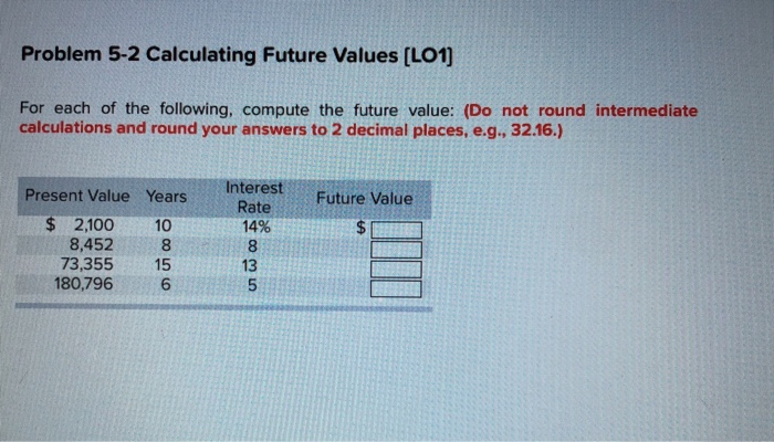 Solved Problem 5-2 Calculating Future Values [LO1 For each | Chegg.com
