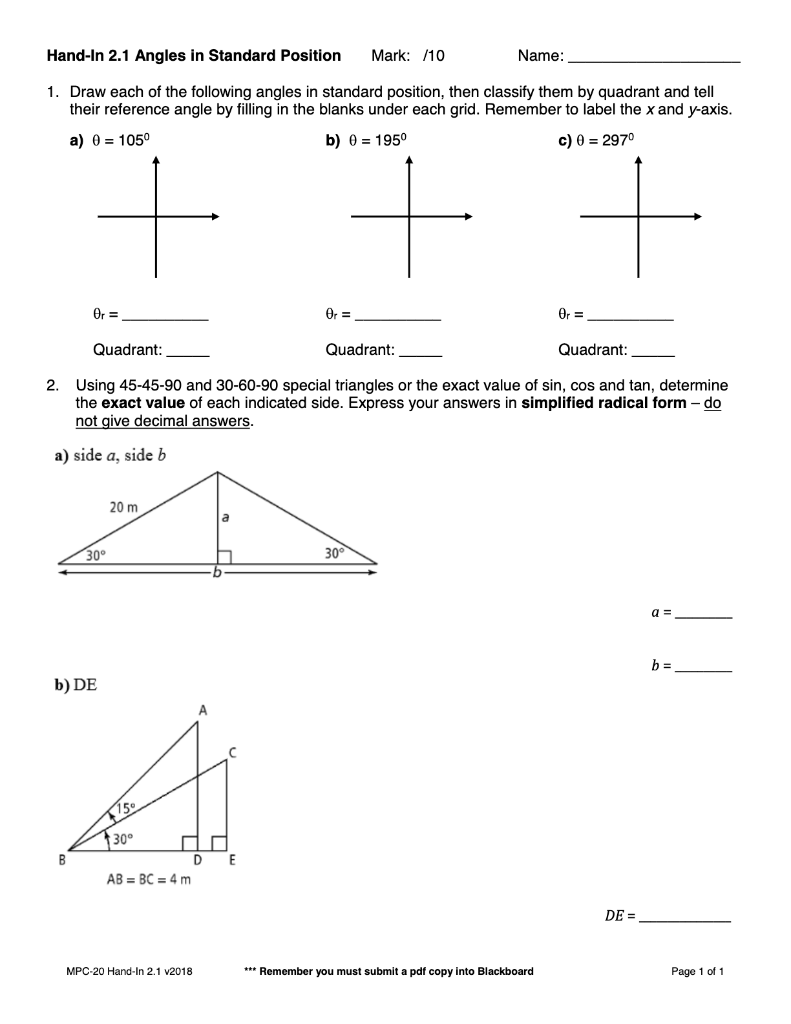 Solved Hand-In 2.1 Angles in Standard Position Mark:/10 | Chegg.com