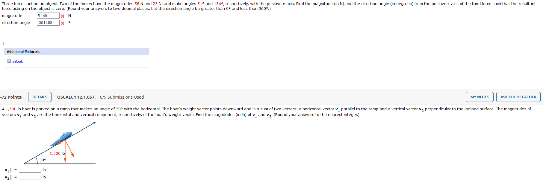 Solved Three Forces Act On An Object Two Of The Forces Have