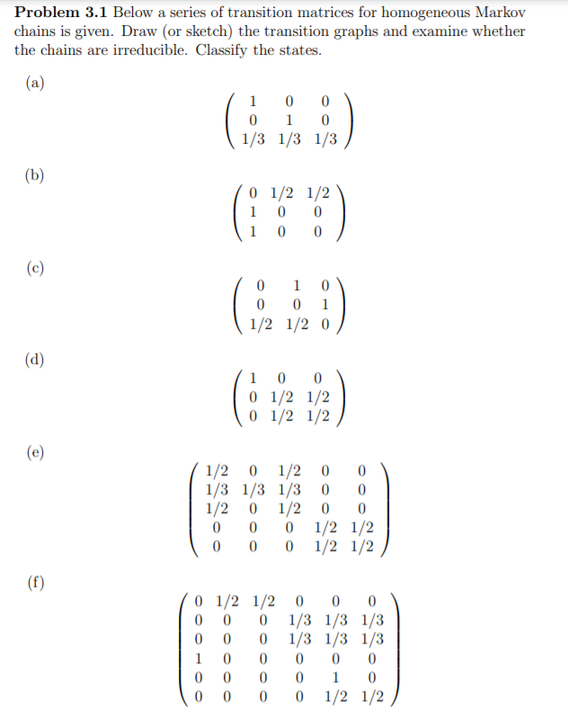 Solved Problem 3.1 Below a series of transition matrices for | Chegg.com