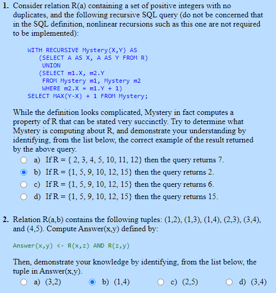 Solved 1. Consider relation R(a) containing a set of | Chegg.com