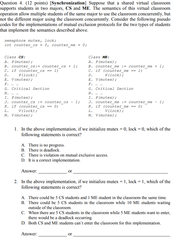 Question 4. (12 points) [Synchronization] Suppose | Chegg.com