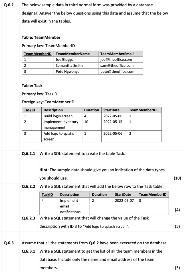 Solved Q.6.2 Q.6.3 The below sample data in third normal | Chegg.com