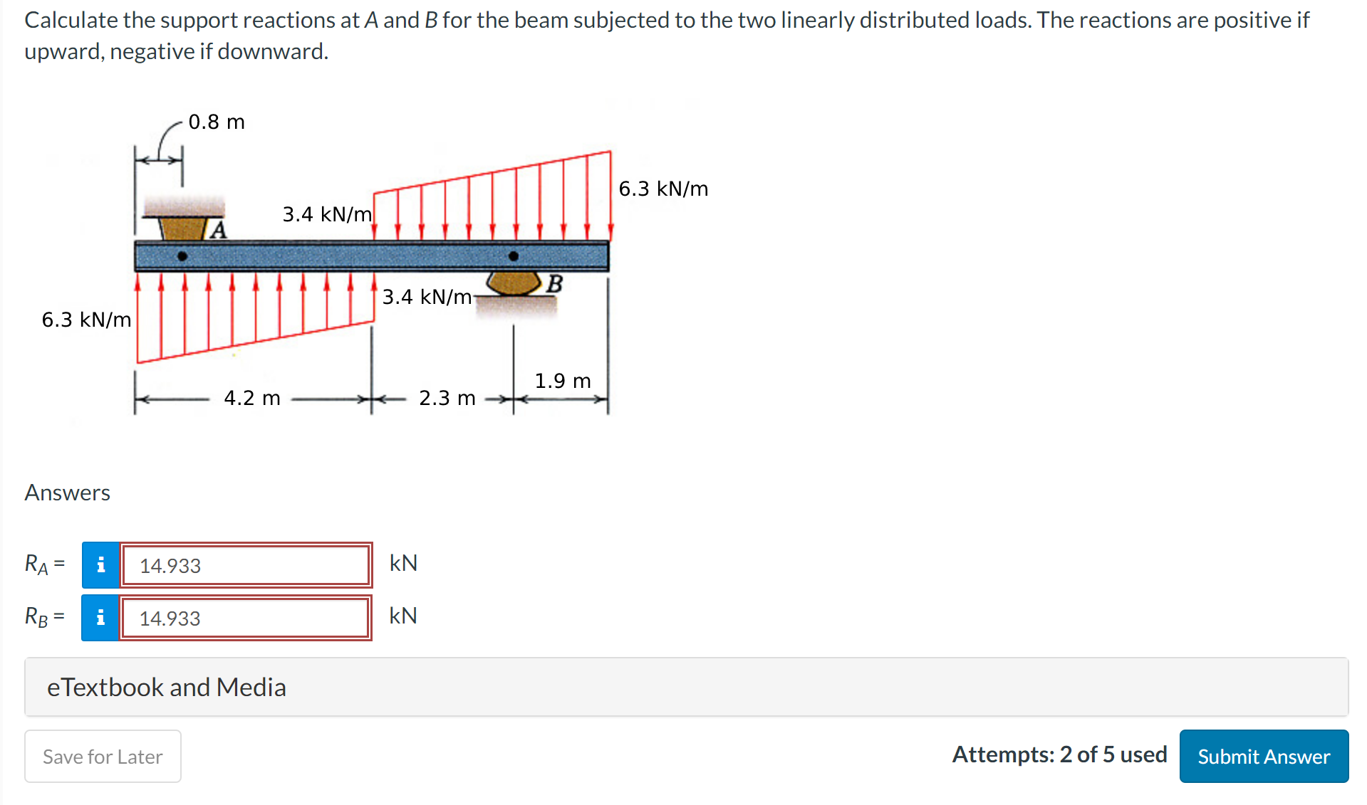 [Solved]: Calculate the support reactions at A and B for th