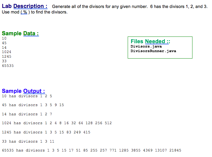 Solved Lab Description Generate all of the divisors for any | Chegg.com