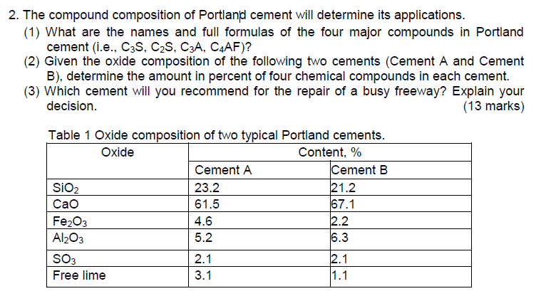 Solved 2. The compound composition of Portland cement will | Chegg.com