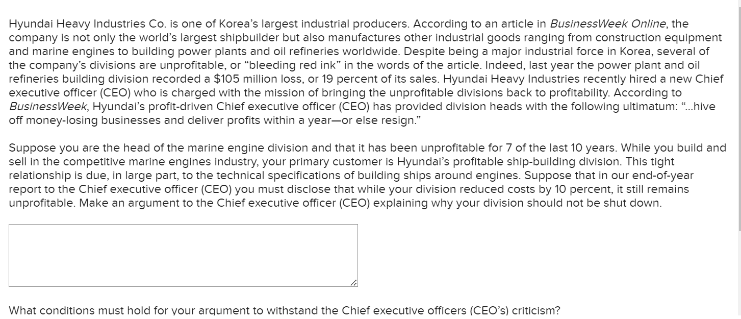 Solved Hyundai Heavy Industries Co. is one of Korea's | Chegg.com