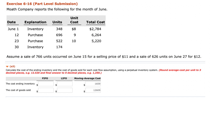 Solved Exercise 6-16 (Part Level Submission) Moath Company | Chegg.com