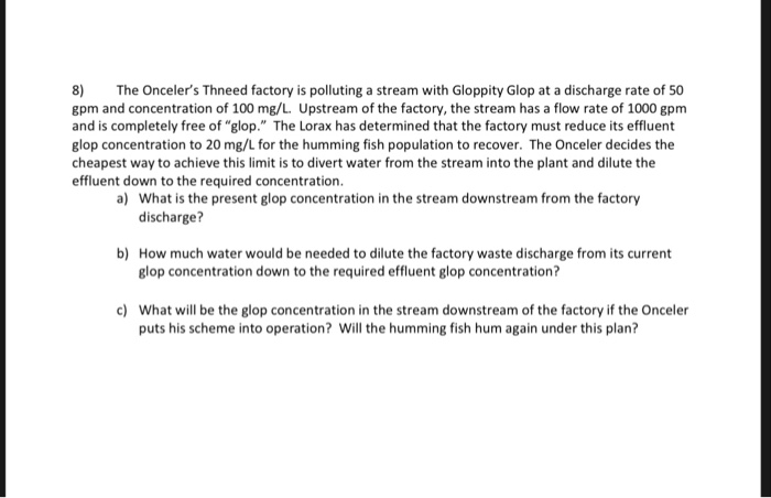 Solved 8) The Onceler's Thneed factory is polluting a stream | Chegg.com