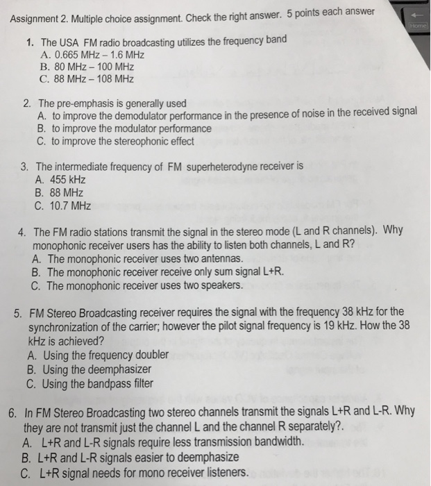 Solved Assignment 2. Multiple choice assignment. Check the | Chegg.com