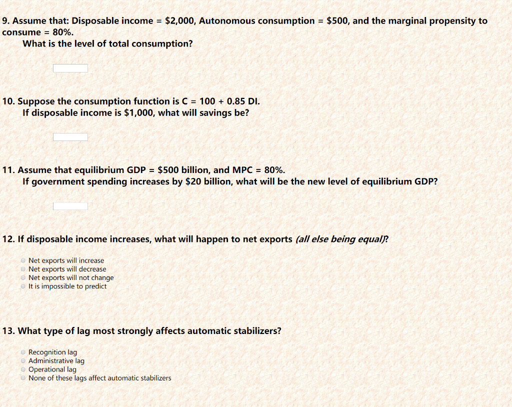 Solved 9. Assume that: Disposable income = $2,000, | Chegg.com