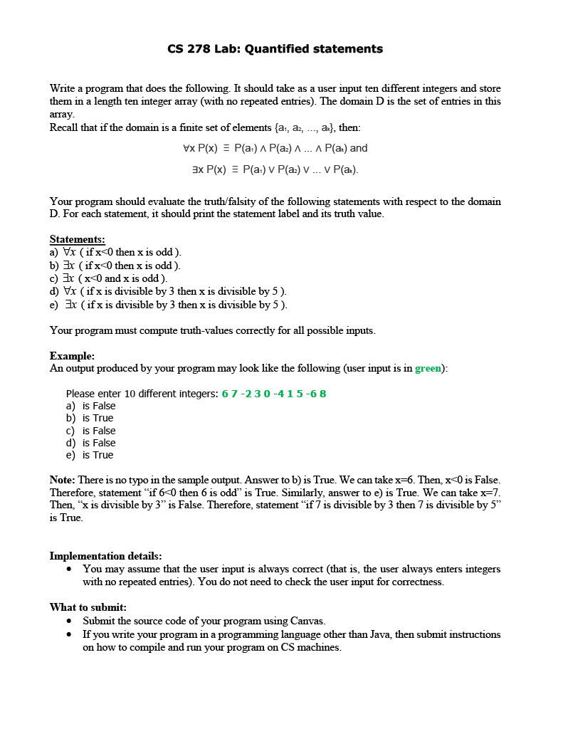 Solved CS 278 Lab: Quantified statements Write a program | Chegg.com