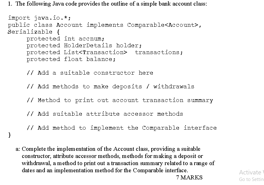 Solved 1. The following Java code provides the outline of a | Chegg.com