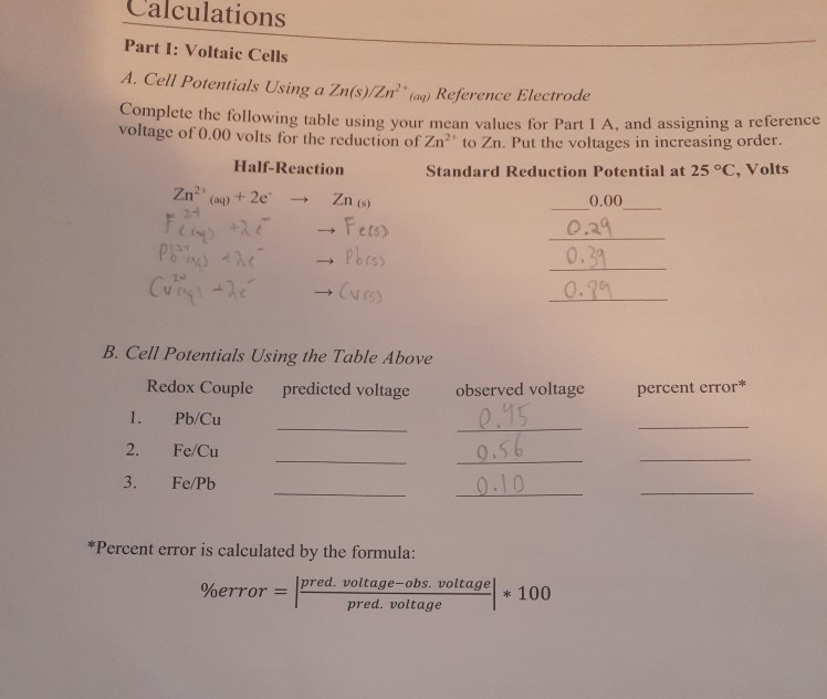 Solved ulations Part I: Voltaic Cells A. Cell Potentials | Chegg.com