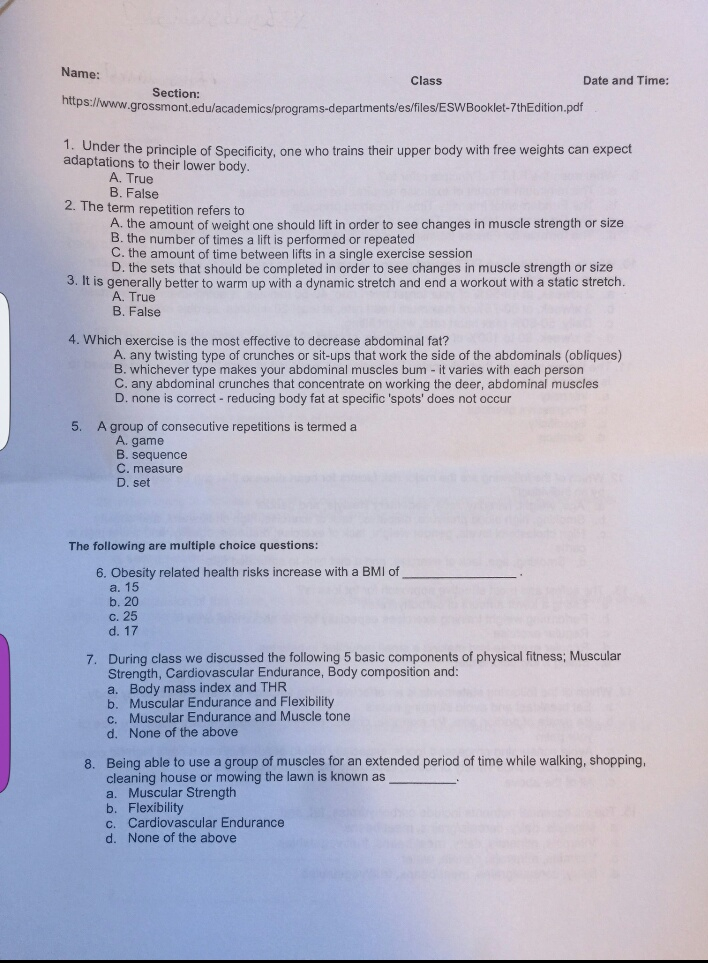 Solved Name: Class Date and Time: Section: | Chegg.com