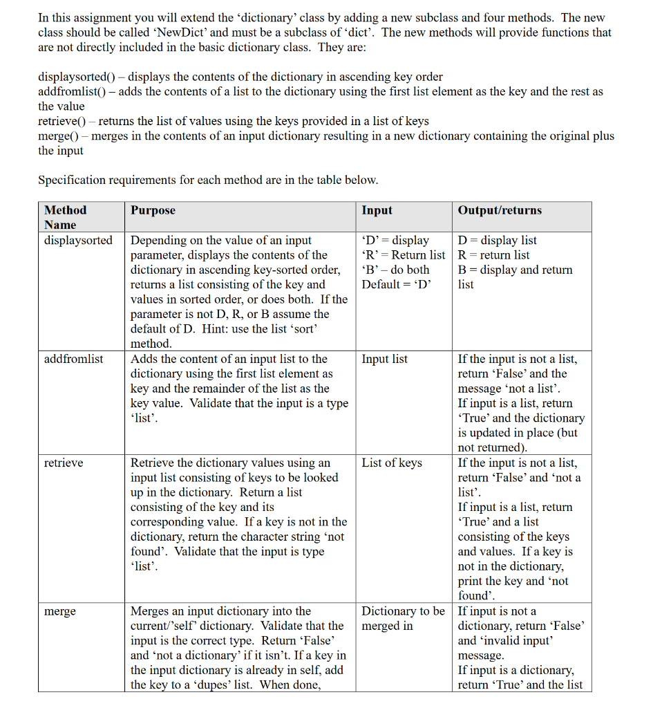Solved In this assignment you will extend the 'dictionary | Chegg.com