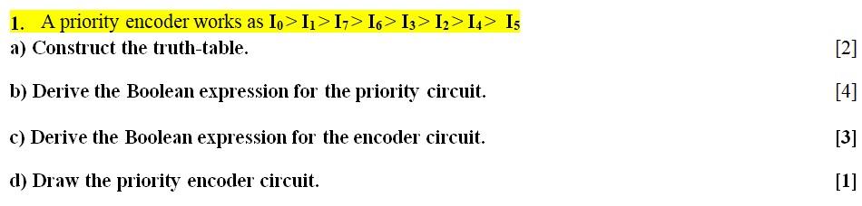 Solved 1. A priority encoder works as Io> I]> I > I6> Iz> | Chegg.com