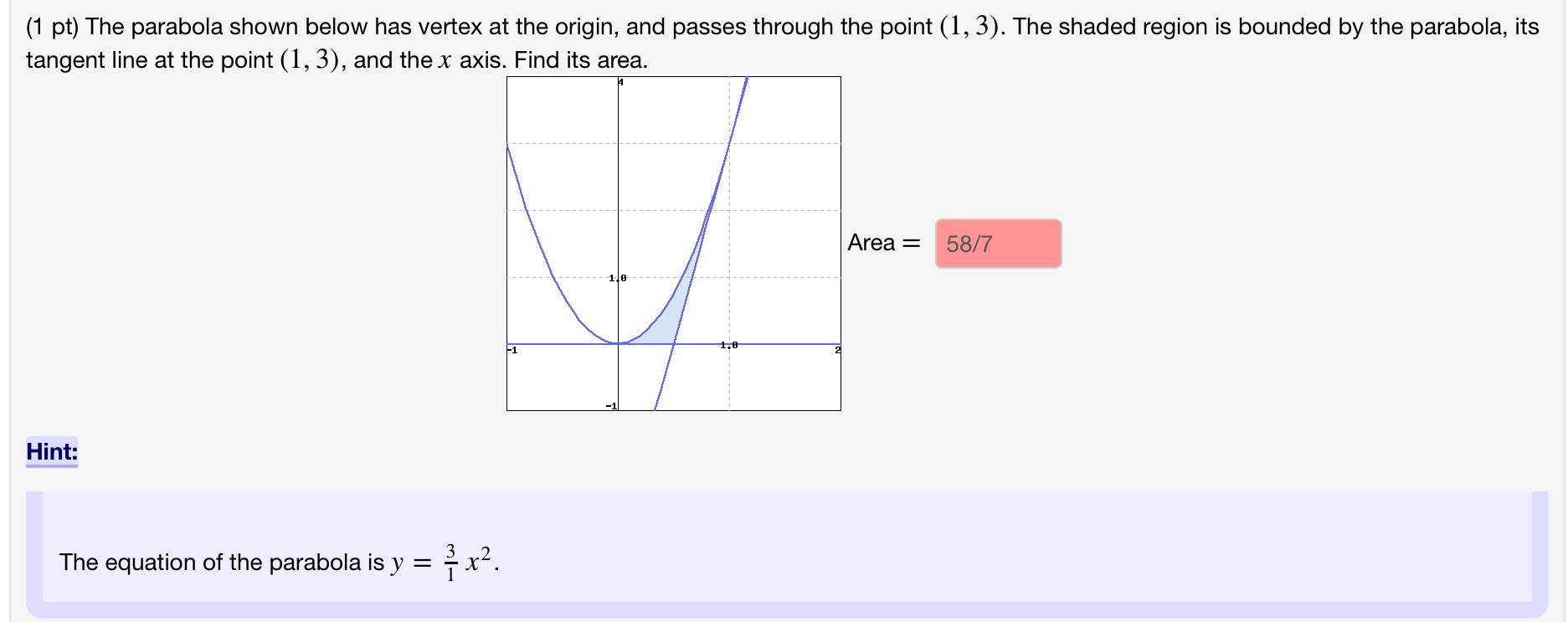 Solved 1 pt) The parabola shown below has vertex at the | Chegg.com