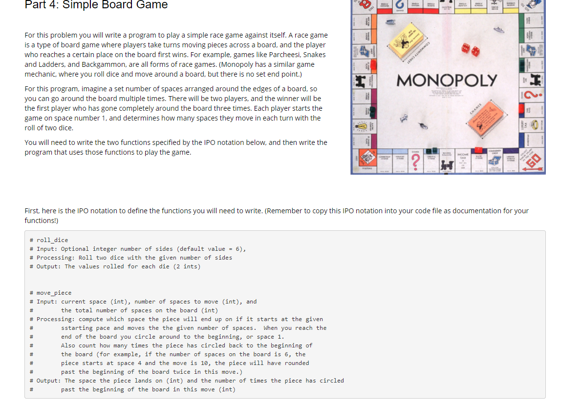 Solved Part 4: Simple Board Game For this problem you will | Chegg.com