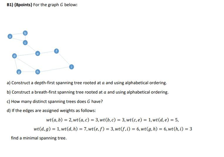 Solved B1) {8points} For the graph G below: d a) Construct a | Chegg.com