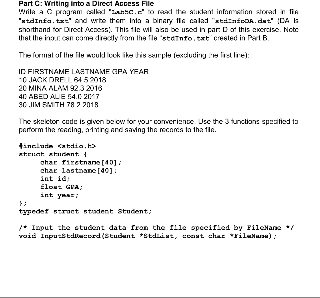 Solved Part C: writing into a Direct Access File Write a C | Chegg.com