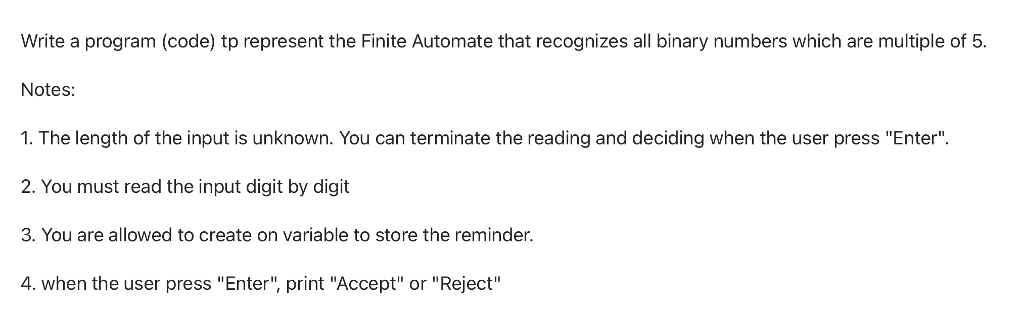 Solved Write a program (code) tp represent the Finite | Chegg.com