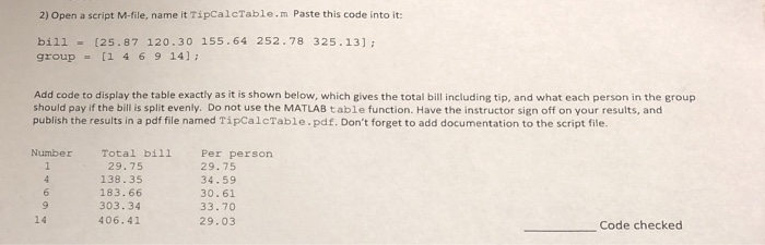 Solved 2) Open a script M-file, name it TipCalcTable.m Paste | Chegg.com