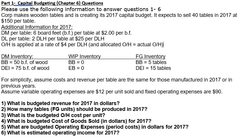 Solved Part 1- Capital Budgeting (Chapter 6) Questions | Chegg.com