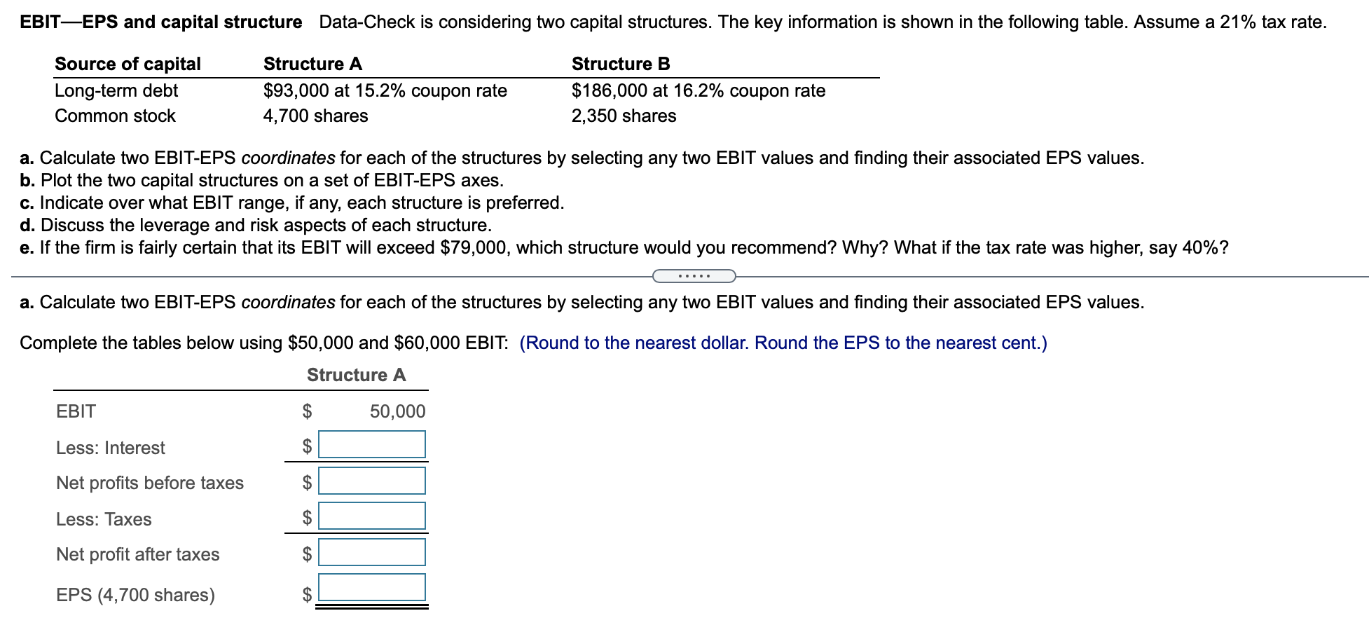 Solved EBIT—EPS and capital structure Data-Check is | Chegg.com