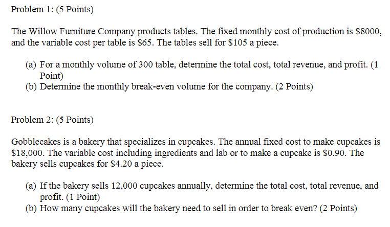 Solved Problem 1: (5 Points) The Willow Furniture Company | Chegg.com