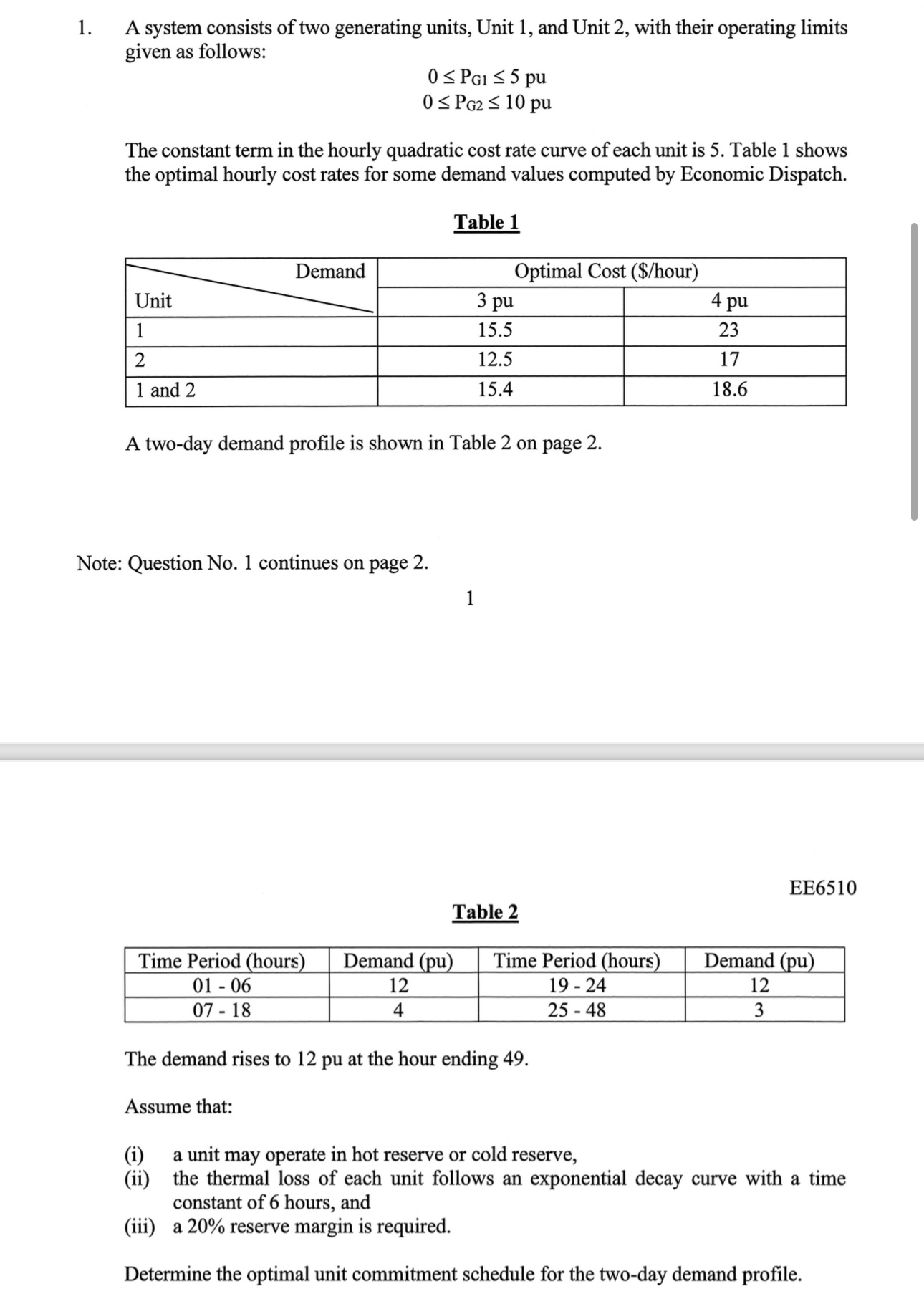 A system consists of two generating units, Unit 1, | Chegg.com