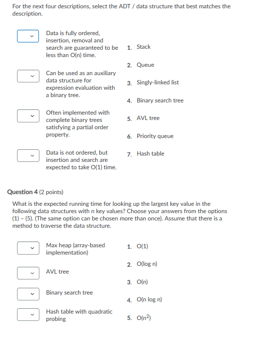 Solved For the next four descriptions, select the ADT / data | Chegg.com
