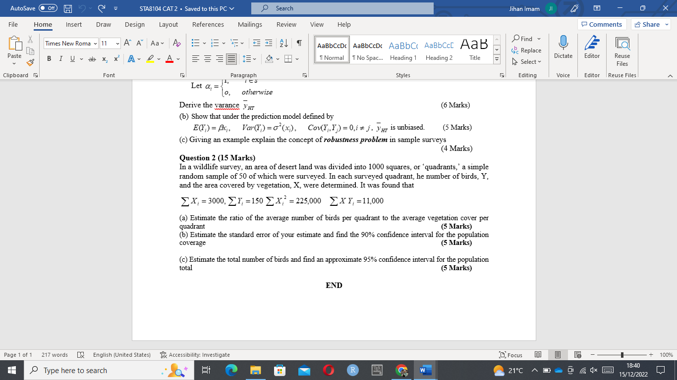 Solved Derive the varance yˉHT (6 Marks) (b) Show that under | Chegg.com