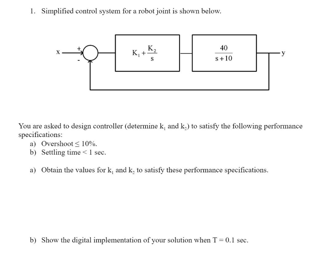 Solved 1. Simplified control system for a robot joint is | Chegg.com