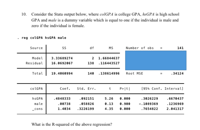 Solved 10. Consider the Stata output below, where colGPA is | Chegg.com