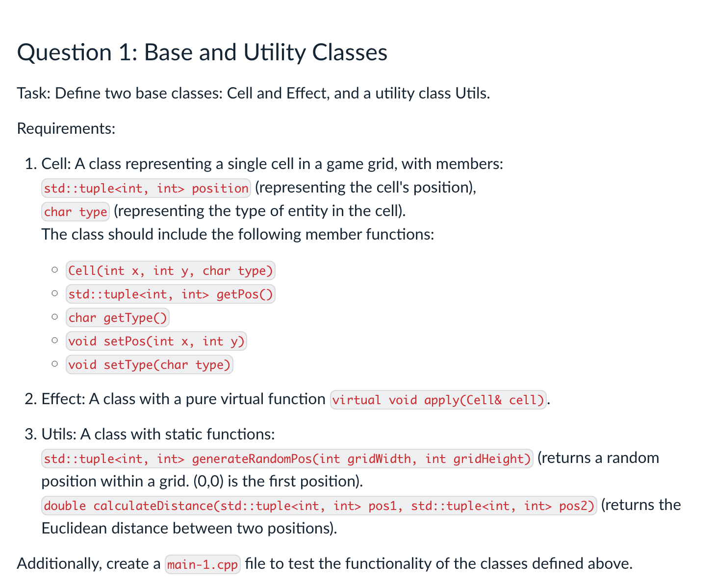 Question 1: Base and Utility Classes Task: Define two | Chegg.com