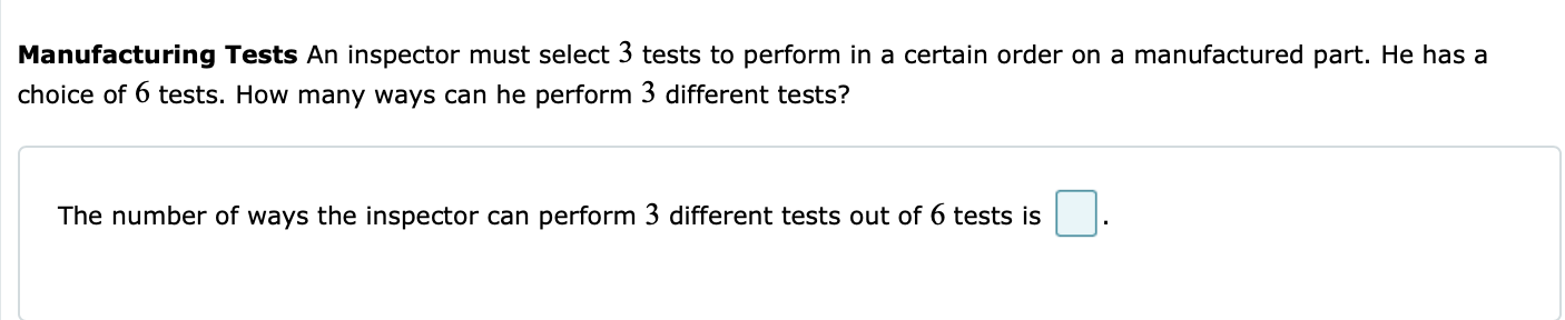 Solved Manufacturing Tests An inspector must select 3 tests | Chegg.com