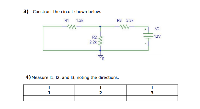 Solved 3) Construct the circuit shown below. R1 1.2k R3 3.3k | Chegg.com