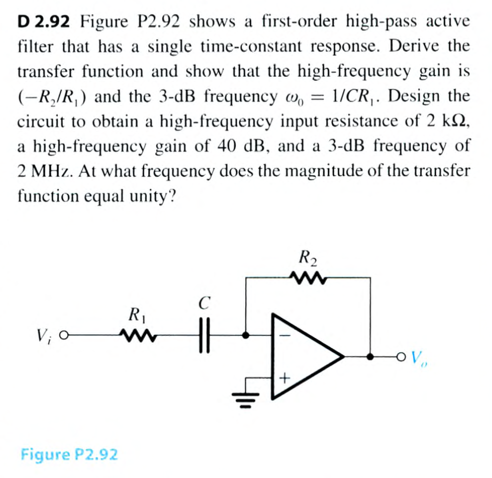 Solved D 2.92 Figure P2.92 shows a first-order high-pass | Chegg.com