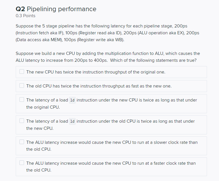 Solved Q2 Pipelining performance 0.3 Points Suppose the 5 | Chegg.com