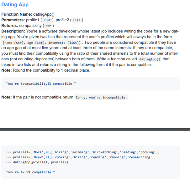 Solved Dating App Function Name: datingApp() Parameters: | Chegg.com