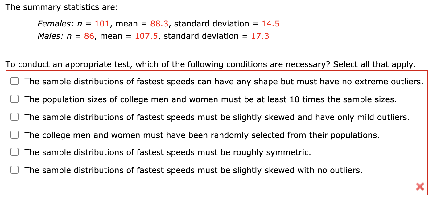 Solved The summary statistics are: Females: n = 101, mean = | Chegg.com