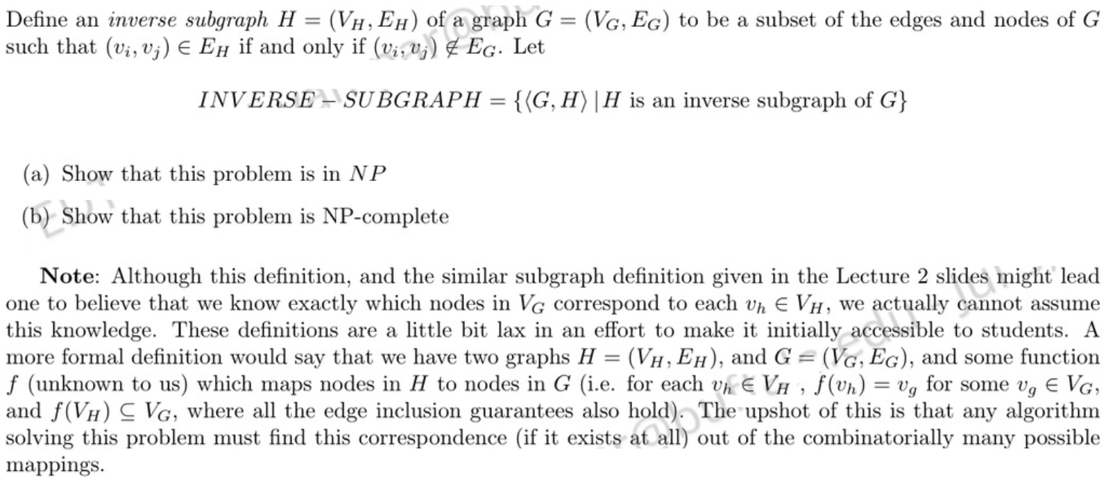 Solved Define an inverse subgraph H=(VH,EH) of a graph | Chegg.com