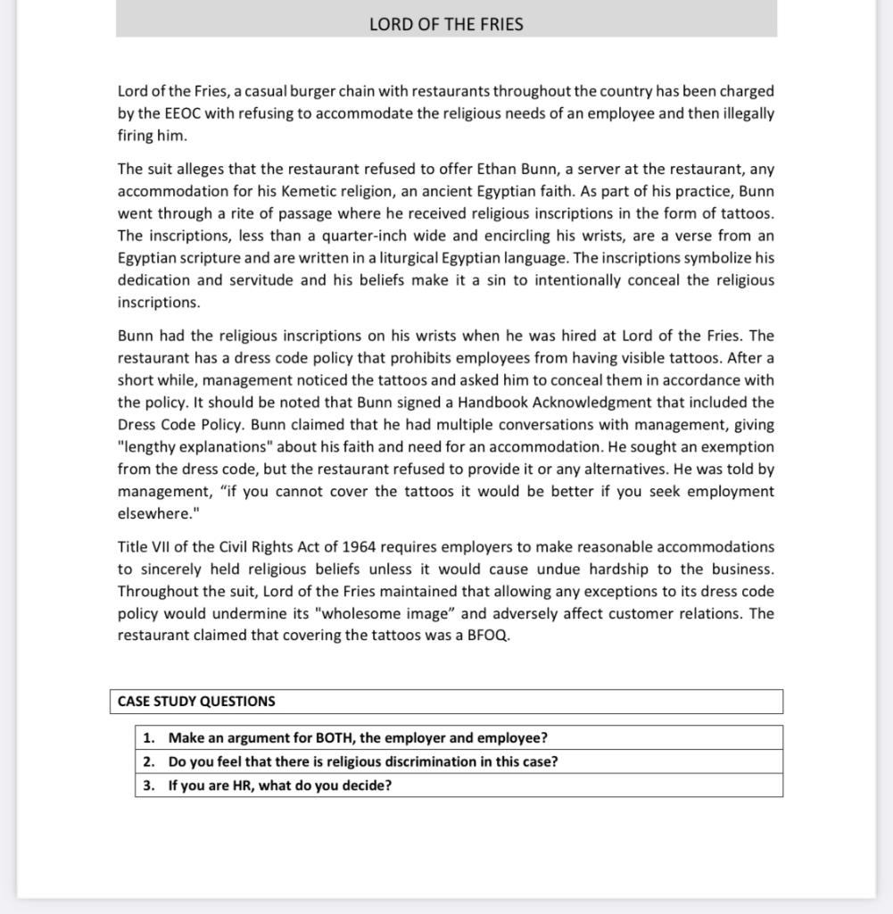 Solved LORD OF THE FRIES Lord of the Fries, a casual burger | Chegg.com