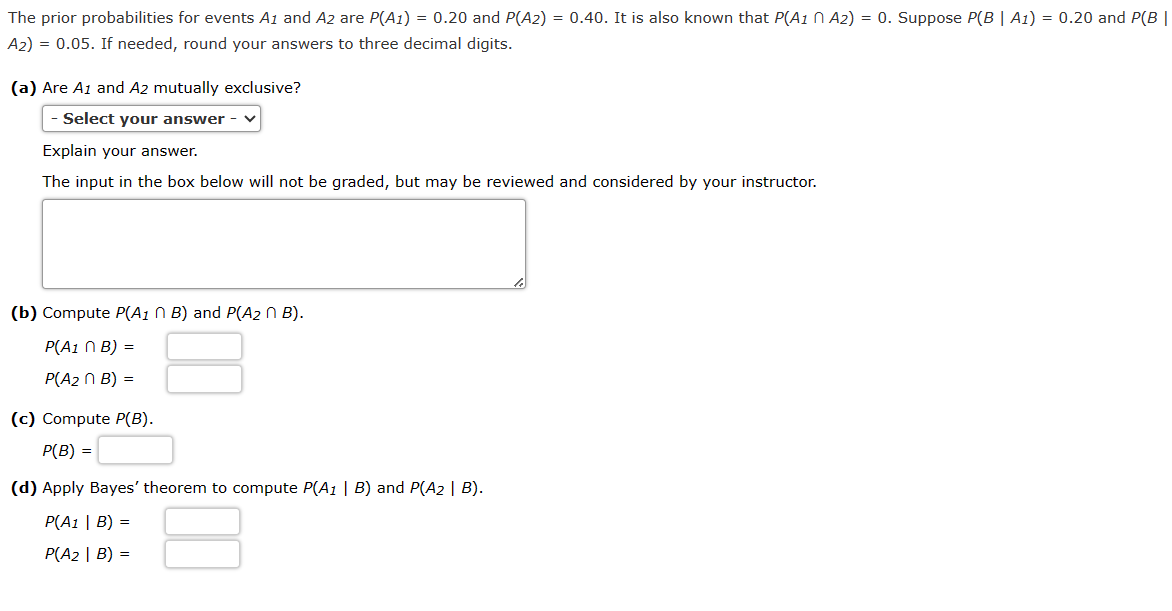 Solved The prior probabilities for events A1 and A2 are | Chegg.com