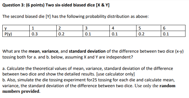 Solved Question 3: (6 points) Two six-sided biased dice [X & | Chegg.com