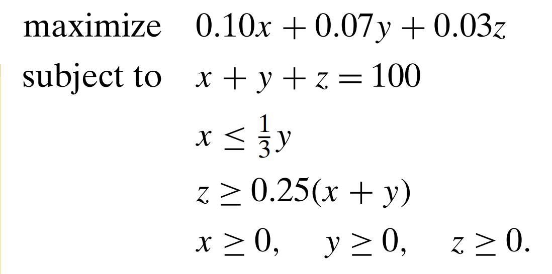 Solved maximize 0.10x + 0.07y + 0.03z subject to x+y+z=100 x | Chegg.com
