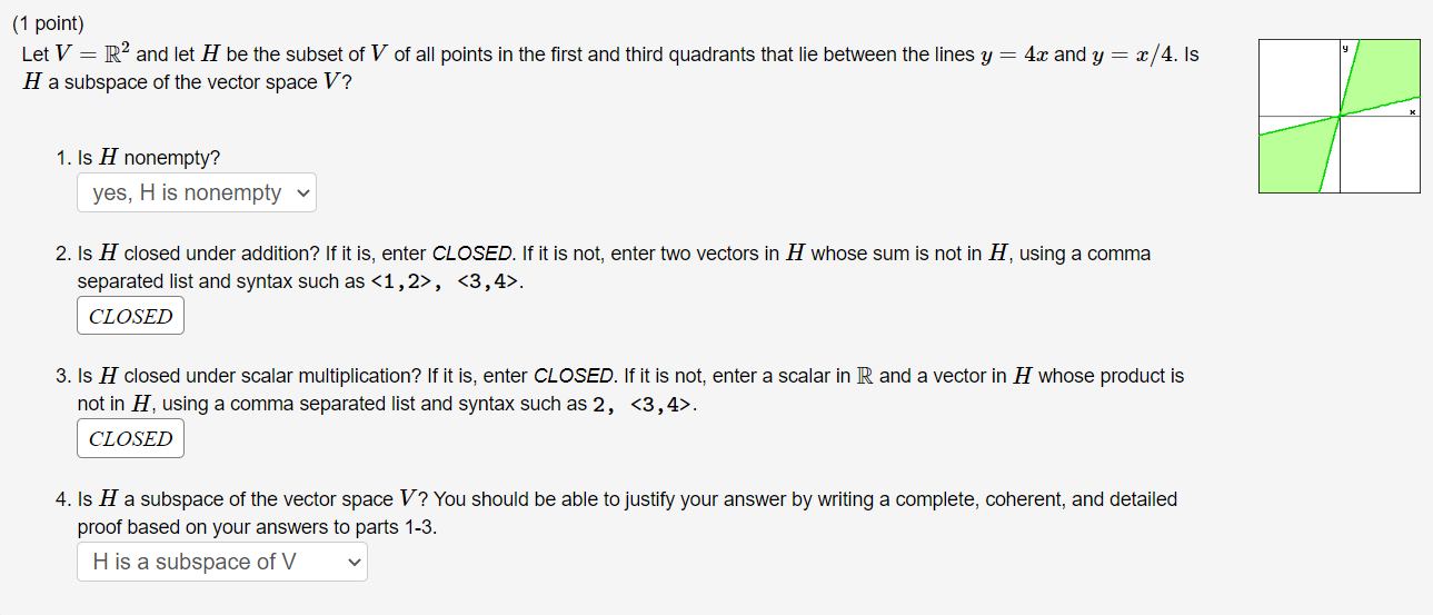 Solved 1 point) Let V=R2 and let H be the subset of V of all | Chegg.com